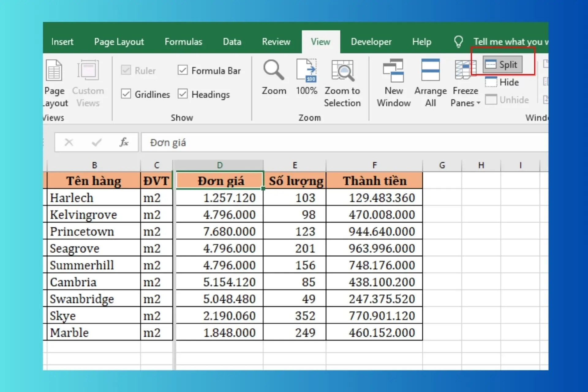 Hướng dẫn chi tiết cách dùng Split tách bảng dữ liệu Excel