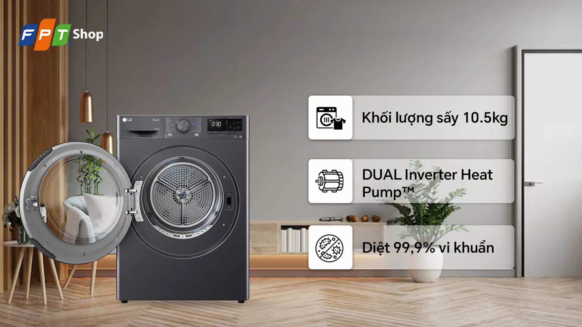 Máy sấy bơm nhiệt LG Inverter 10.5 Kg DVHP50M chính hãng, giá rẻ