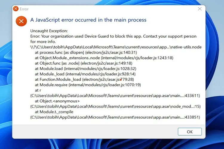 “A JavaScript error occurred in the main process” là lỗi gì?