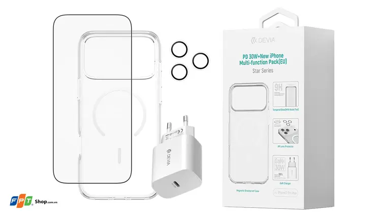 Combo 4in1 cường lực/Ốp/Lens/Sạc Devia iPhone 17 Pro Max