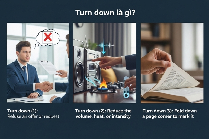 Turn down là gì? Tìm hiểu cách dùng chuẩn trong giao tiếp và các nghĩa ...