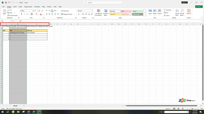 Cách chỉnh kích thước dòng, cột, ô bằng nhau trên Excel dễ nhất