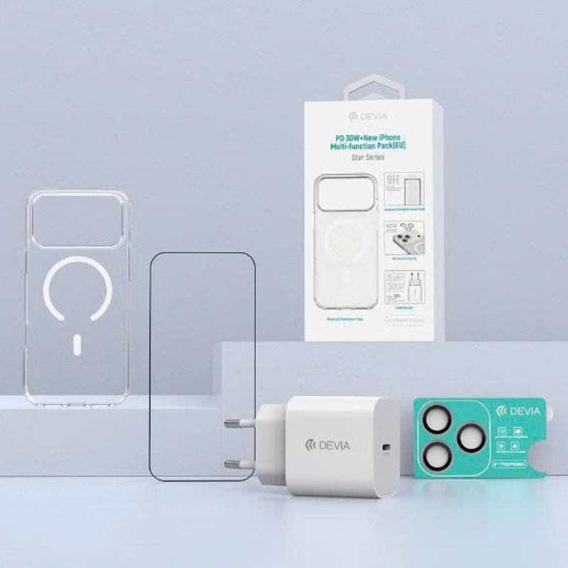 Combo 4in1 cường lực/Ốp/Lens/Sạc Devia iPhone 17 Pro Max