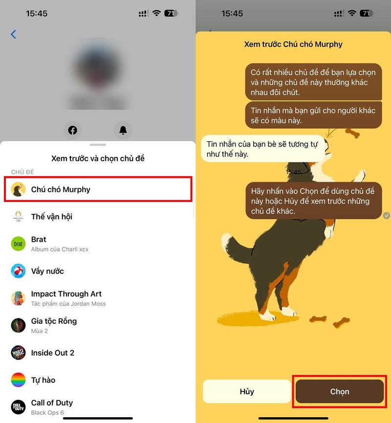 Cách thay đổi chủ đề Messenger chú chó Murphy cực đáng yêu