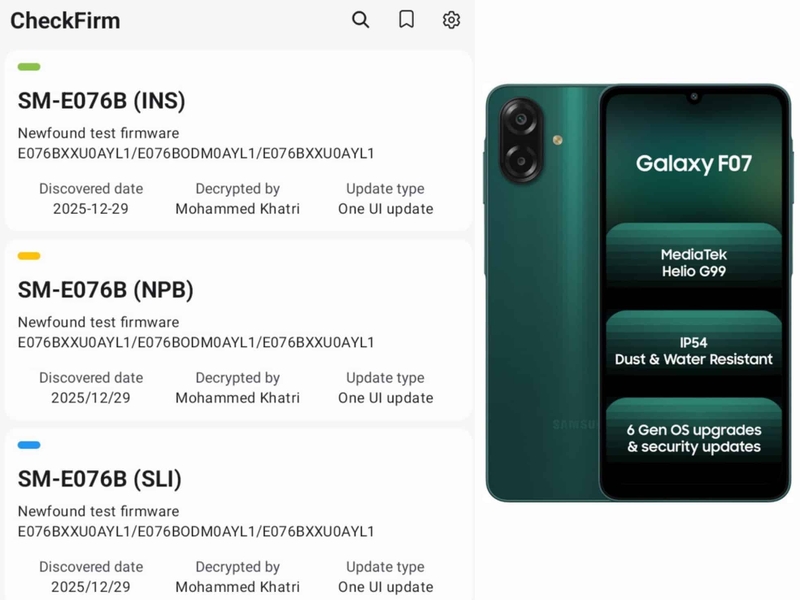 Galaxy F07 5G xuất hiện trên máy chủ thử nghiệm của Samsung