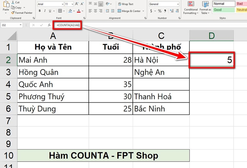Hàm COUNTA trong Excel: Cách đếm ô có dữ liệu và các mẹo hay nên biết