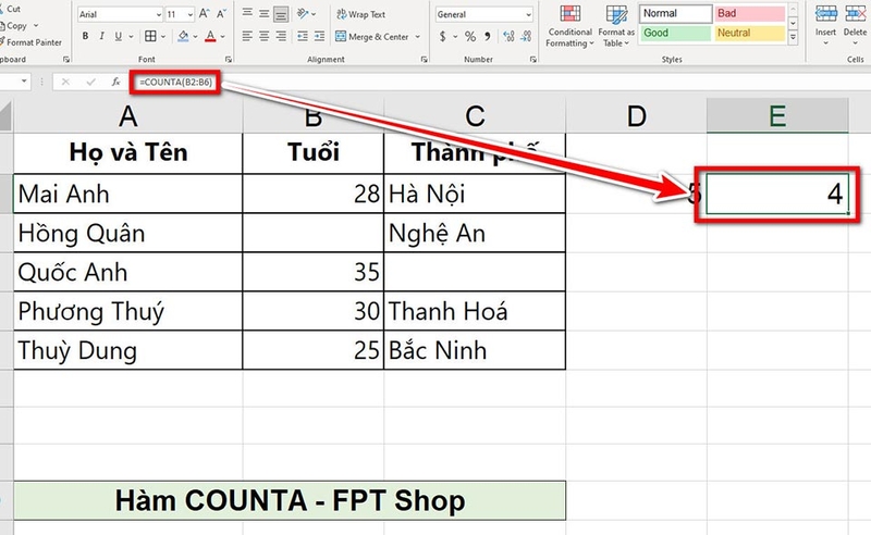 Hàm COUNTA trong Excel: Cách đếm ô có dữ liệu và các mẹo hay nên biết