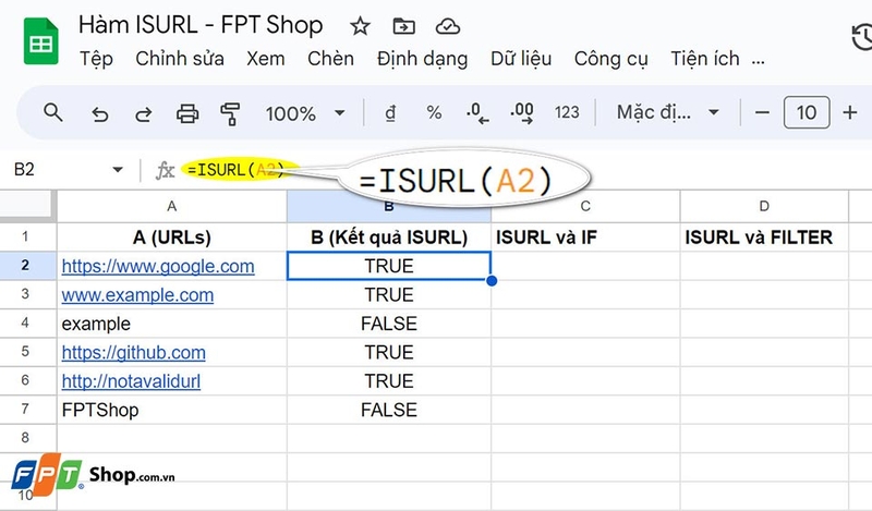 Hướng dẫn cách sử dụng hàm ISURL trong công cụ Google Sheets