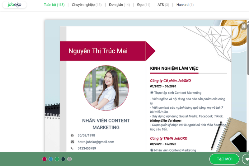 Joboko CV: Công cụ sáng tạo CV đẹp, chuyên nghiệp và nhanh chóng