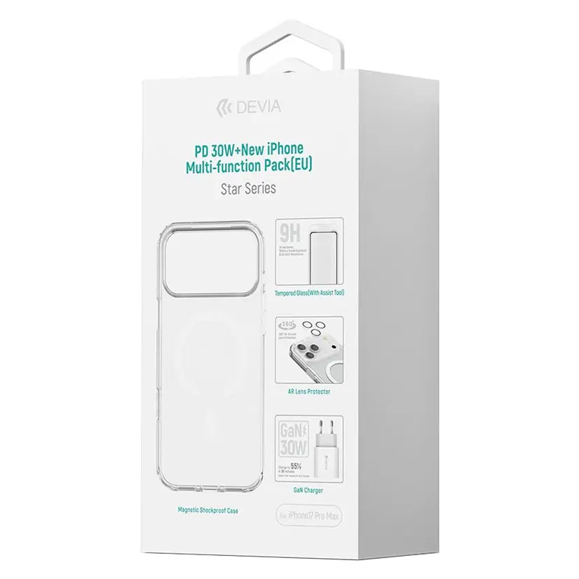 Combo 4in1 cường lực/Ốp/Lens/Sạc Devia iPhone 17 Pro Max