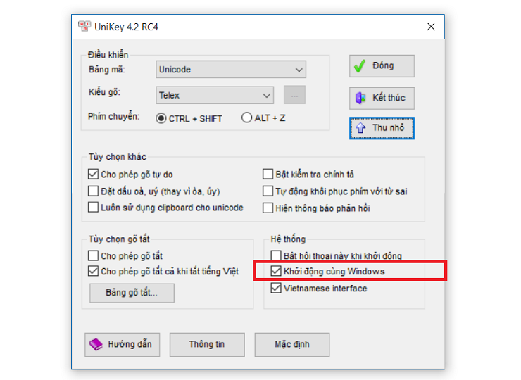 Cách mặc định unikey không chạy cùng windows