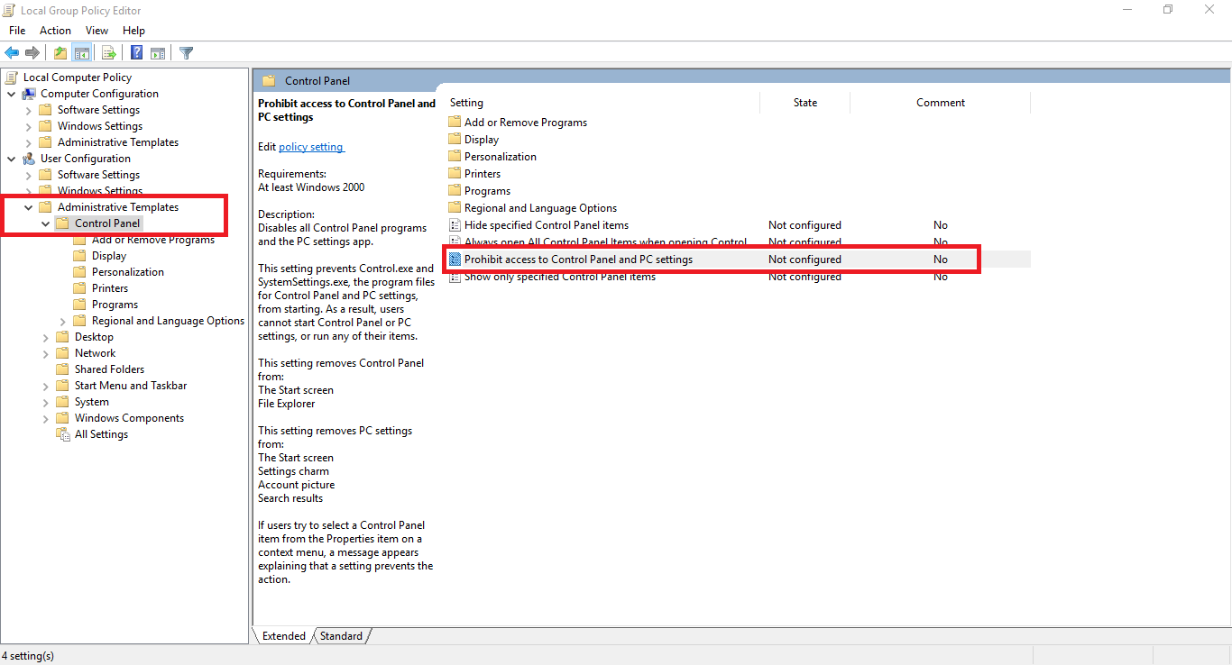 Vô hiệu hóa Settings và Control Panel trên Windows 10