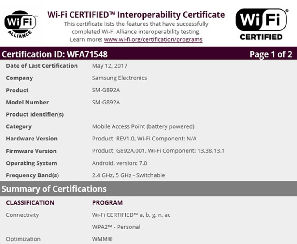 Galaxy S8 Active đạt chứng nhận Wif từ tổ chức WFA