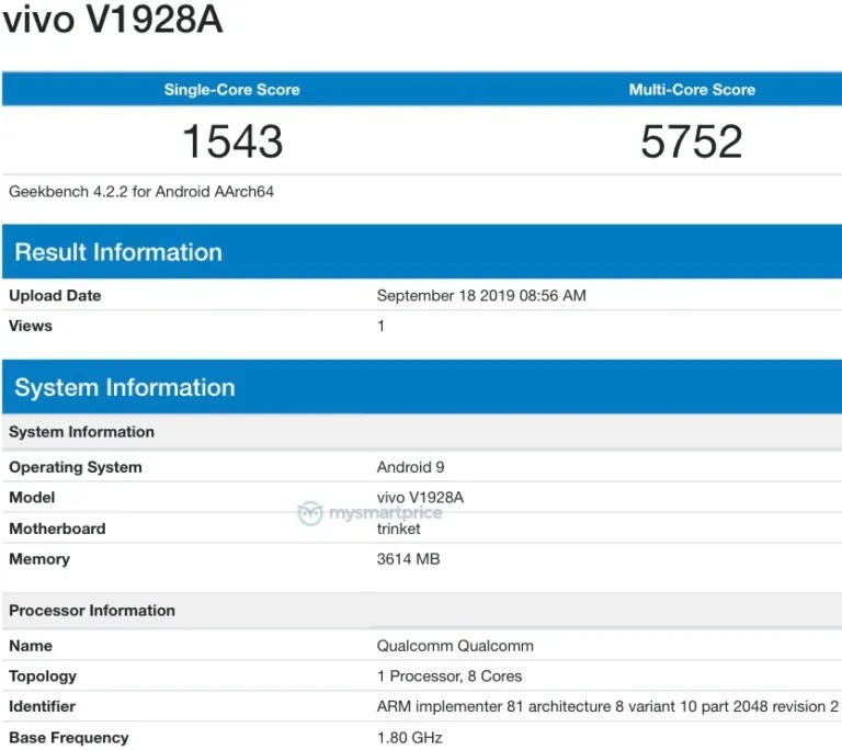 Geekbench xác nhận Vivo U10 dùng Snapdragon 665, RAM 4GB