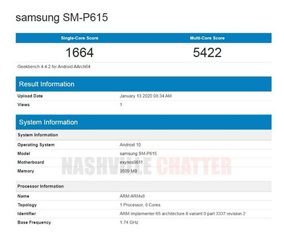 Galaxy SM-P615 với chip Exynos 9611 xuất hiện trên Geekbench
