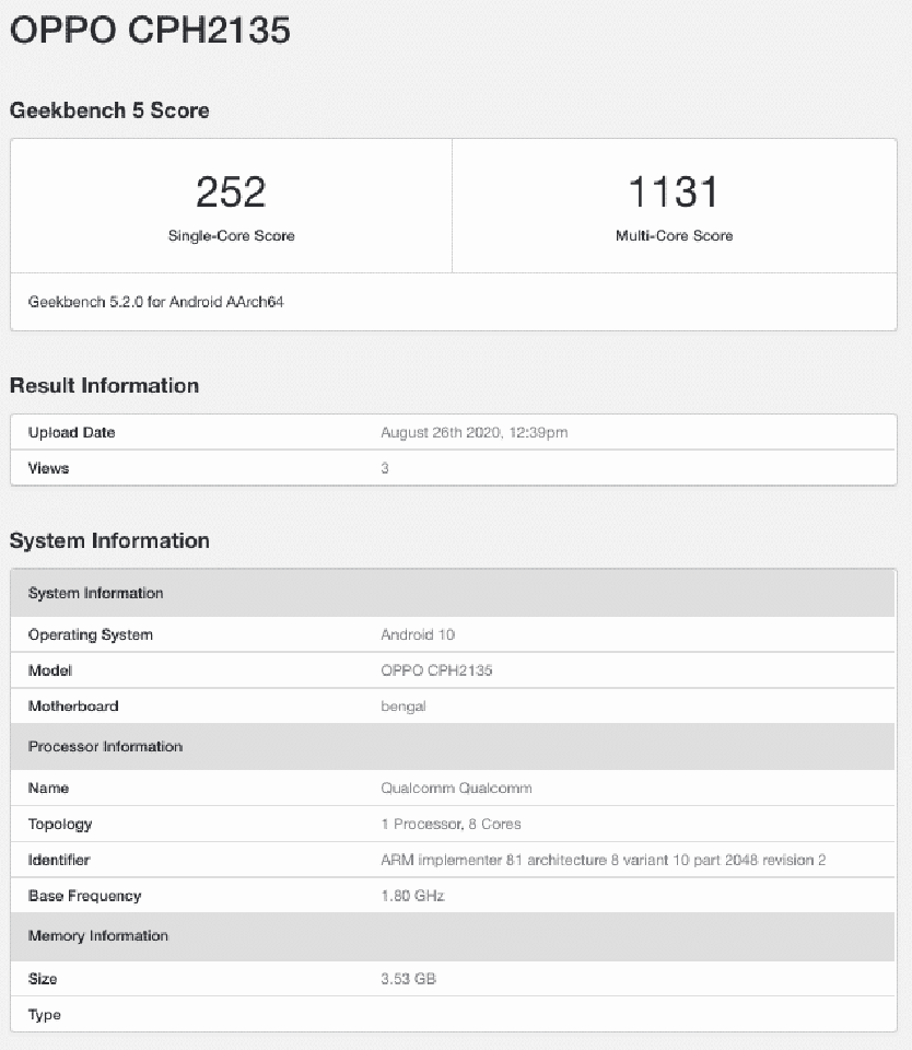 OPPO Reno4 Lite xuất hiện trên Geekbench, với chip Helio P95