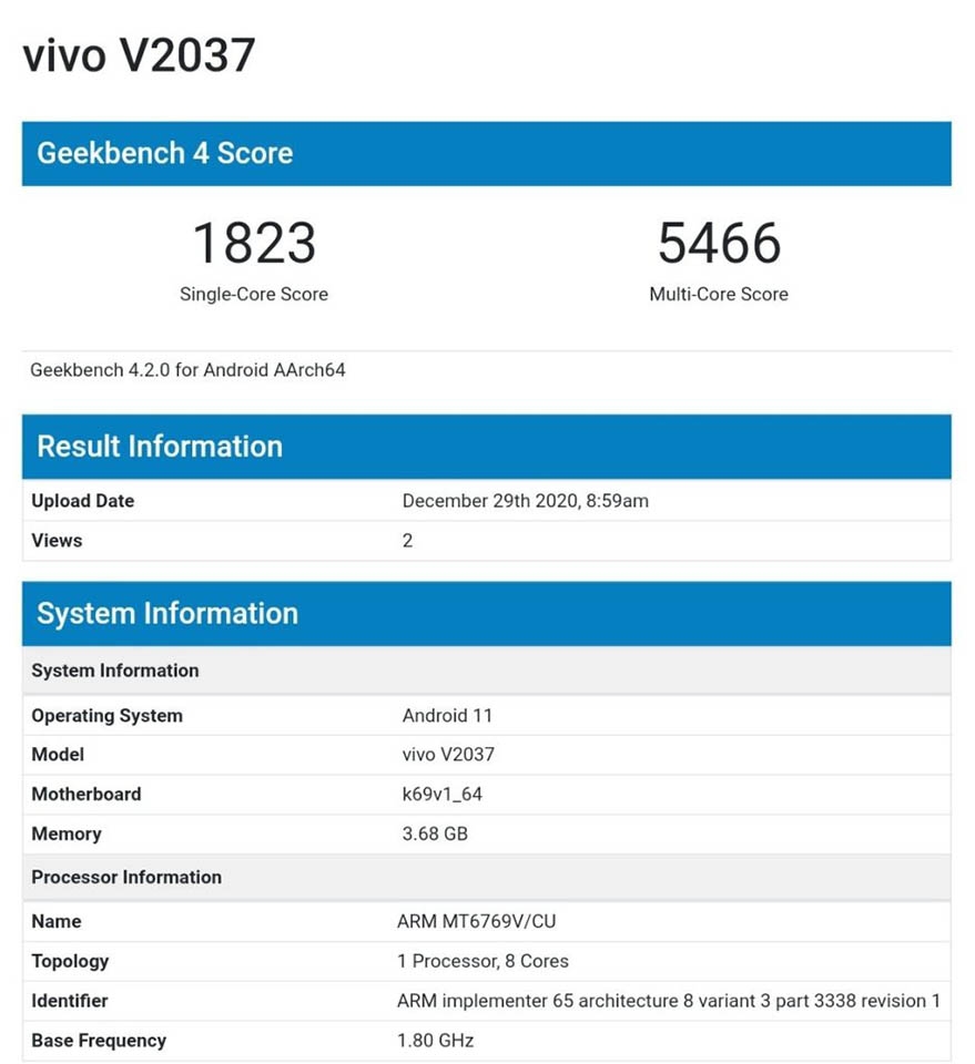 Vivo V2037 với chip Helio G80 được phát hiện trên Geekbench