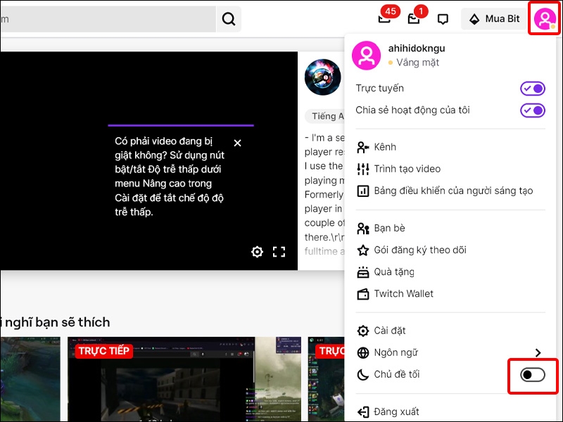 Hướng dẫn bật chế độ tối trên Twitch