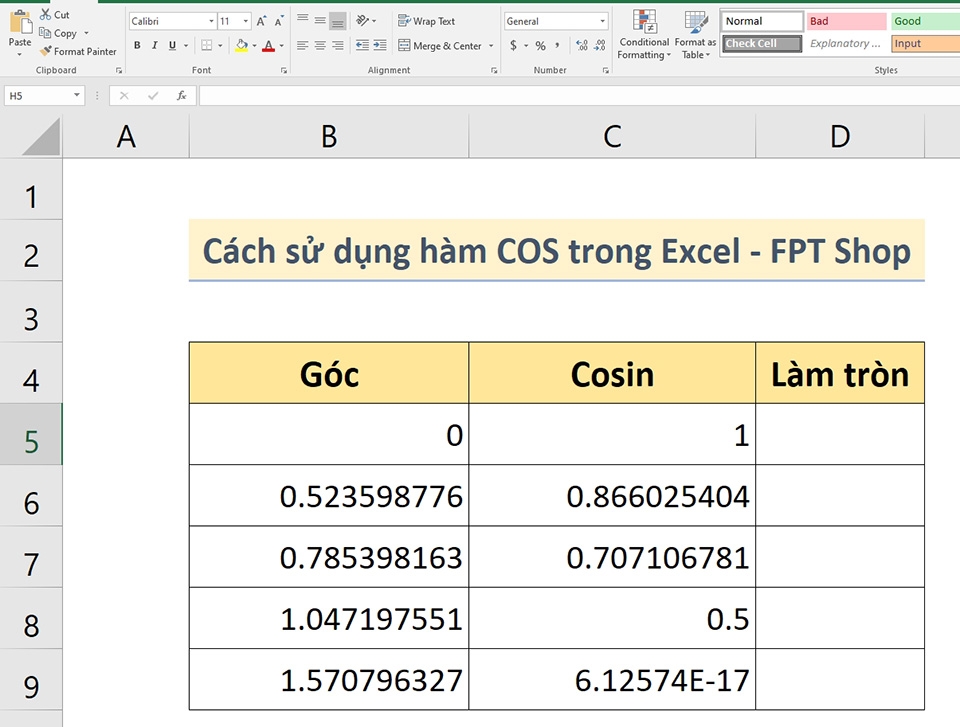 Cách sử dụng hàm COS trong Excel