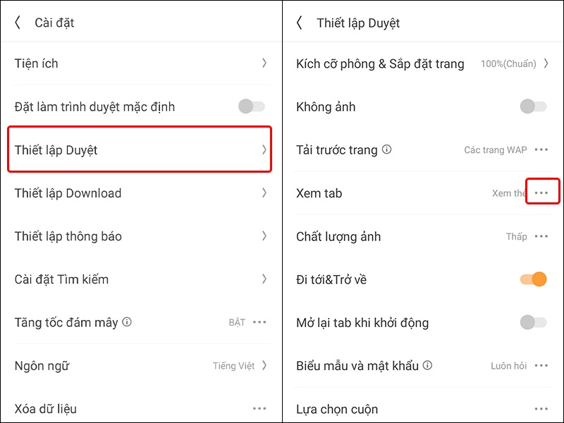 Cách thay đổi tab xem trên trình duyệt UC Browser