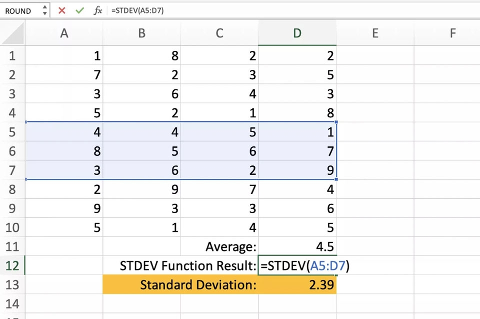 Cách sử dụng hàm STDEV trong Excel