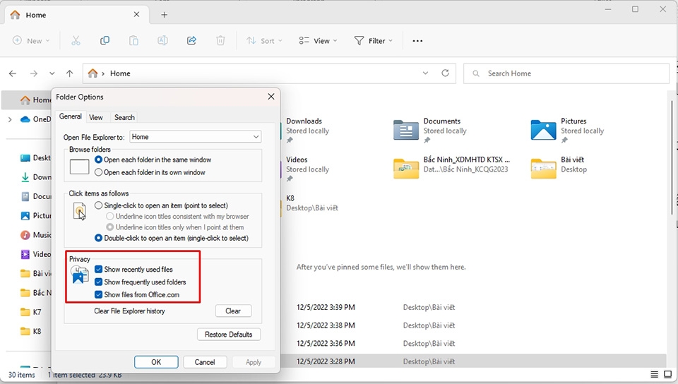 Cách tắt Recent File trong Windows 11