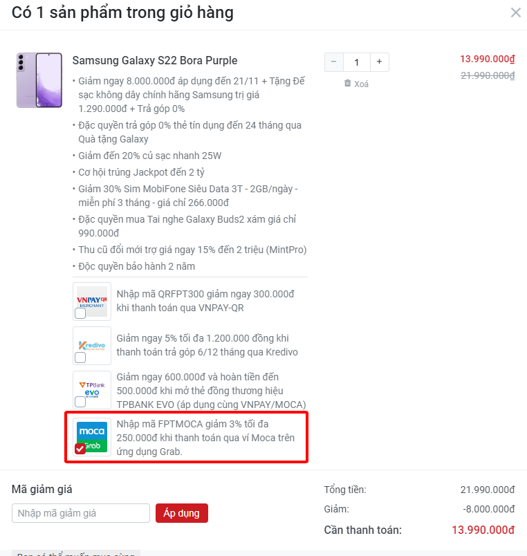 Giảm 3% tối đa 250K khi thanh toán qua ví Moca trên ứng dụng Grab