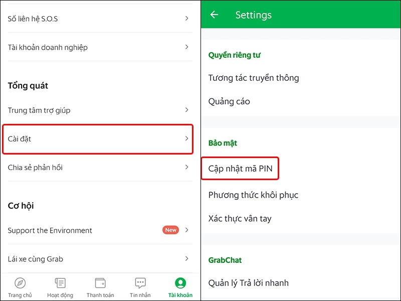 Cách thay đổi mã PIN trên ứng dụng Grab