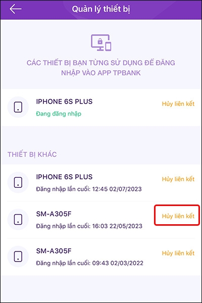 Cách hủy liên kết thiết bị trên ứng dụng TPBank Mobile