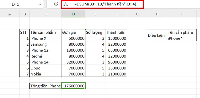Hàm DSUM: Công thức tính tổng với các điều kiện trong Excel