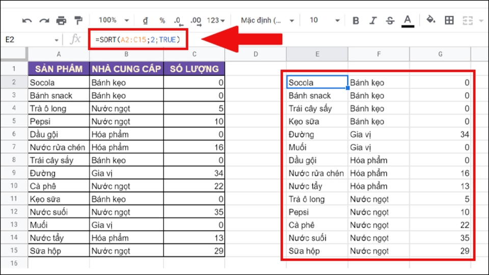 Cách sử dụng hàm kết hợp SORT và FILTER trong Google Sheet