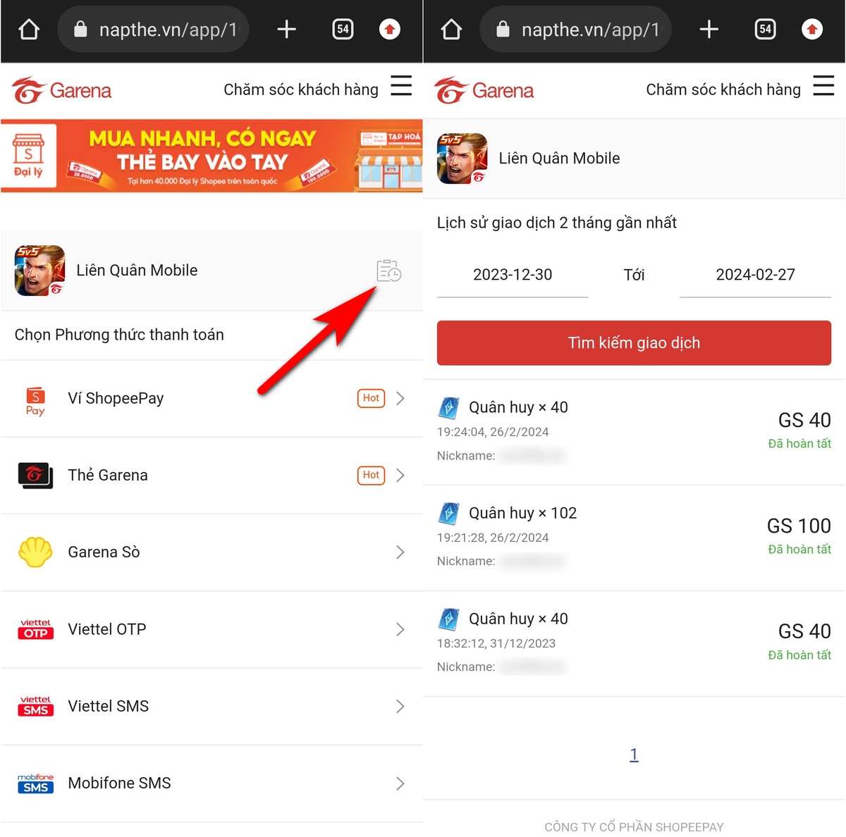 Hướng dẫn cách tra cứu nhanh lịch sử nạp thẻ Garena cho Liên Quân