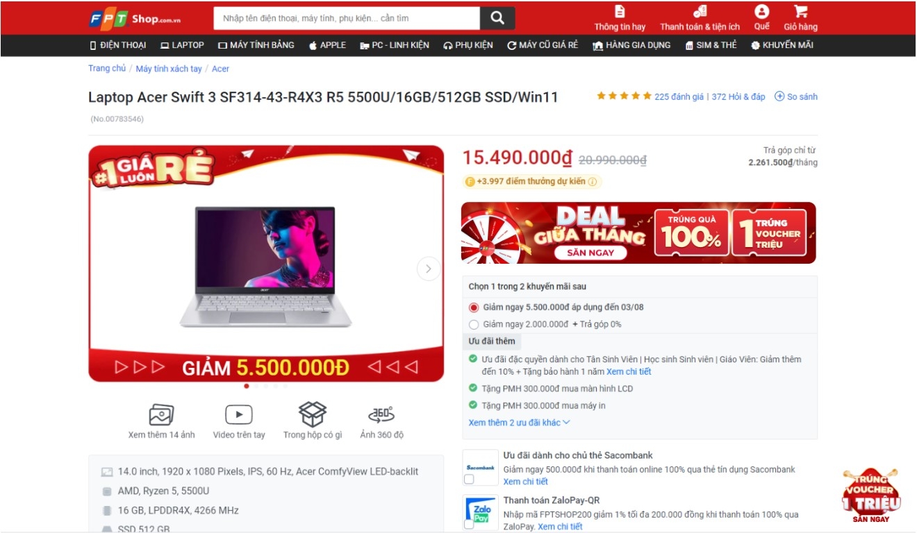 “Deal giữa tháng” FPT Shop tặng voucher đến 1 triệu đồng