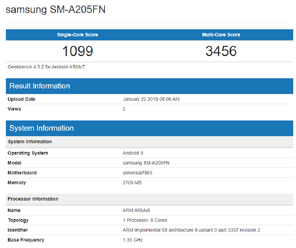 Galaxy A20 lộ cấu hình trên Geekbench với chip Exynos 7885