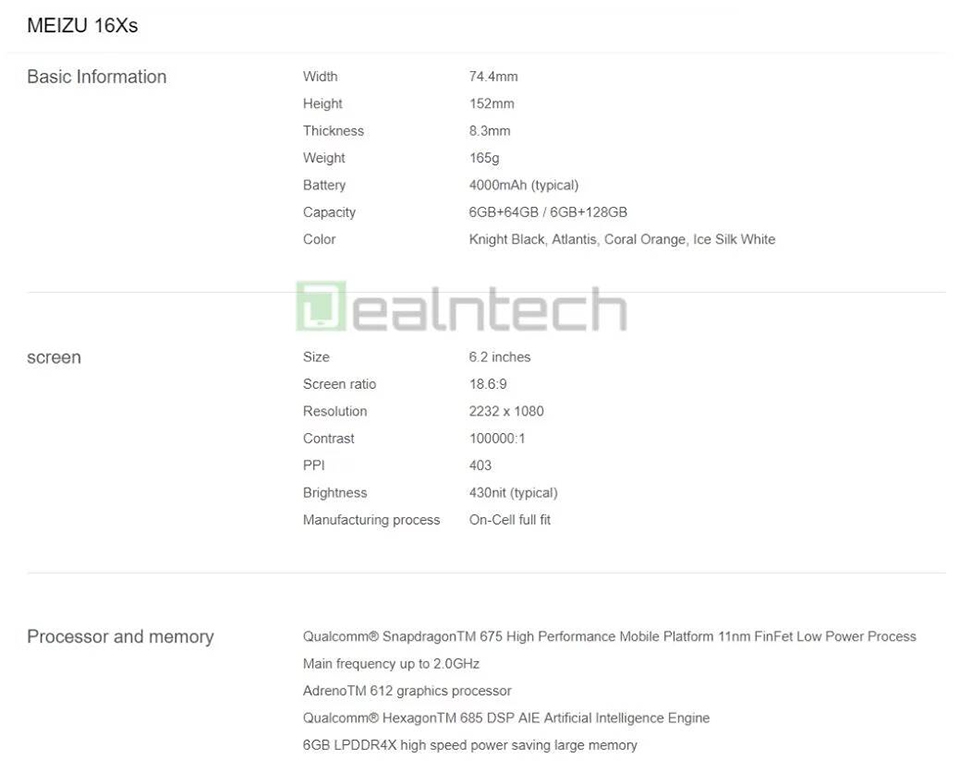 Meizu 16Xs lộ cấu hình chi tiết và tính năng: Chip SD 675